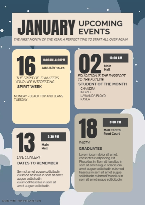 Upcoming Events Monthly Schedule calendar | PosterMyWall