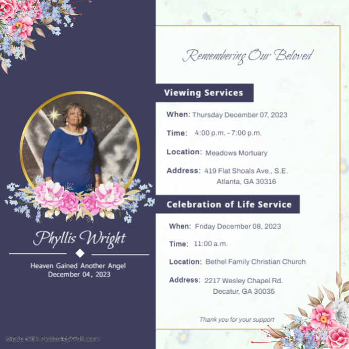 Copy of Phyllis Wright - Celebration of Life | PosterMyWall