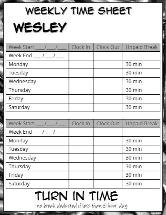 Employee/Student Weekly Time Sheet (1) | PosterMyWall