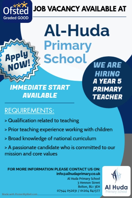 Al-Huda Primary Vacancy 2022 | PosterMyWall