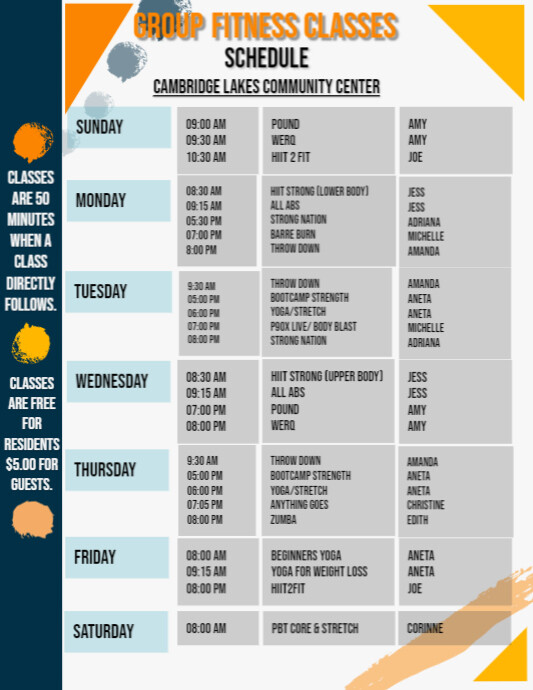 Fitness Classes Schedule | PosterMyWall