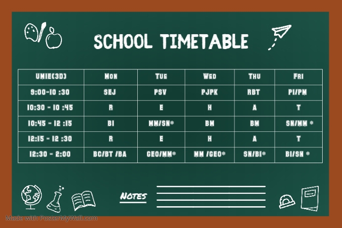 Copy of Copy of Chalkboard Themed School Timetable | PosterMyWall