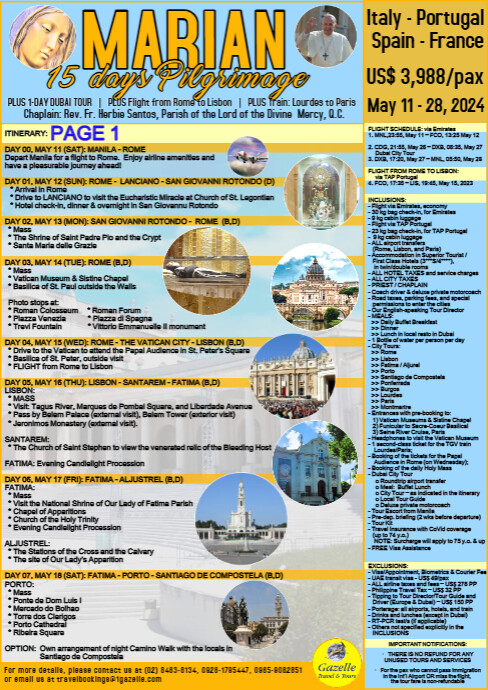 Marian Itinerary pg1 Apr-May -generic itinerary | PosterMyWall