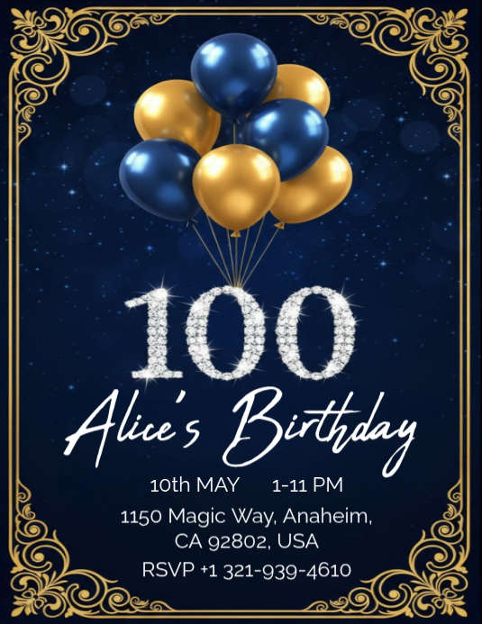 100th birthday invitation golden balloons and borders Template ...