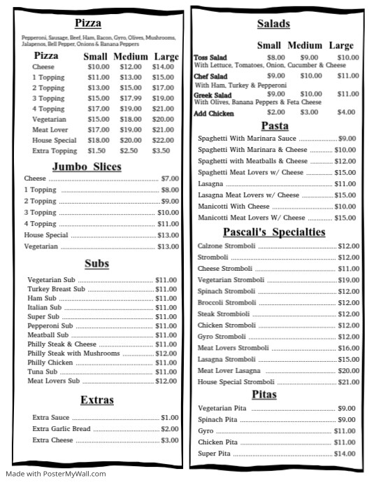 Pascali's Pizza Corner To-go Menu 1 | PosterMyWall
