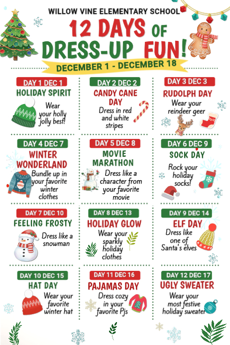 12 Days of Christmas Dress Up Calendar for Elementary School Template ...