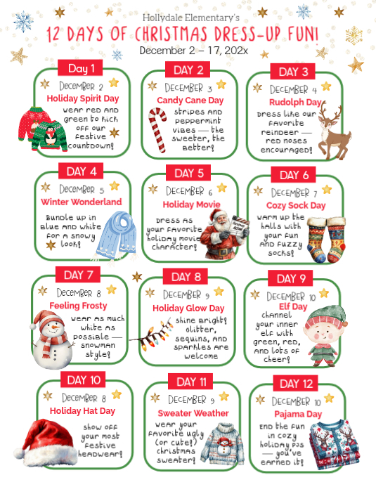 Copy of 12 Days of Christmas Dress Up Days Itinerary Flyer | PosterMyWall