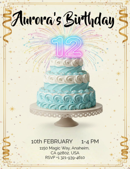 12th birthday party invitation cake and fireworks Template | PosterMyWall