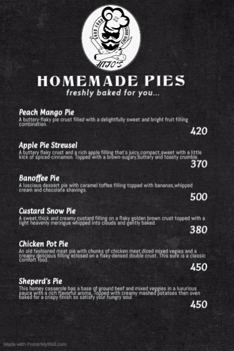 Hijo's Homemade Pies Menu | PosterMyWall