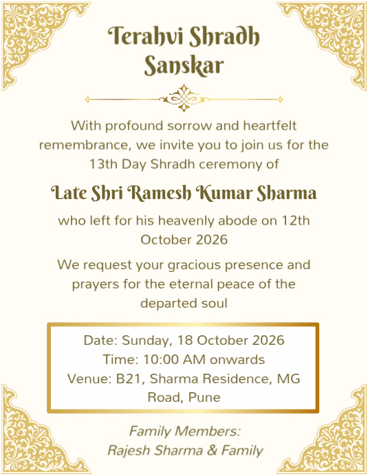 13th Day Shradh Terahvi Invitation Card Template | PosterMyWall