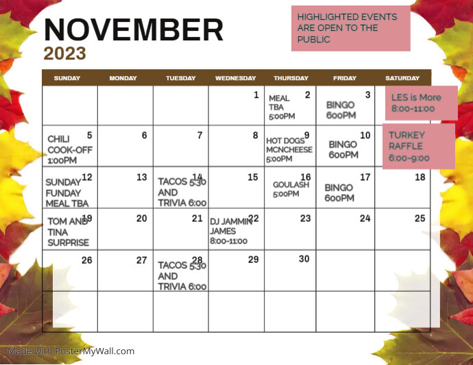 November 2023 Monthly Events Calendar | PosterMyWall