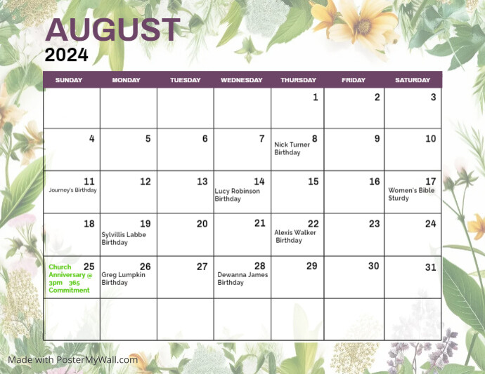 August Monthly Events Calendar | PosterMyWall