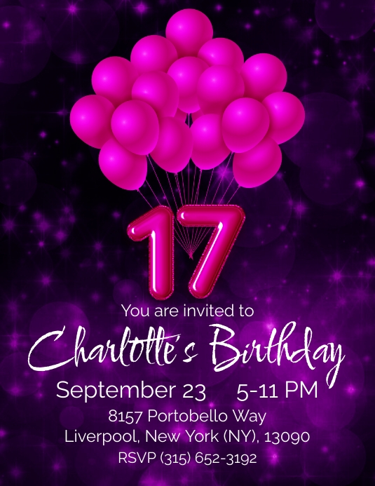 17th birthday party invitation blue balloon Template | PosterMyWall
