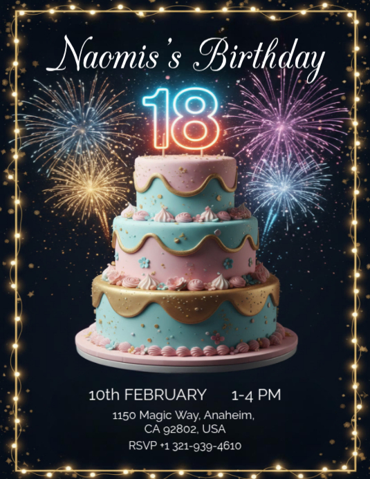 18th birthday party invitation cake and fireworks Template | PosterMyWall