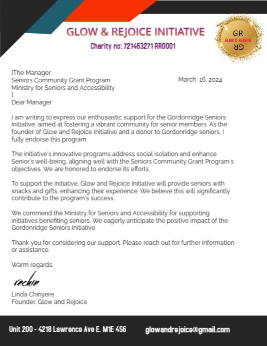 COMMUNITY SUPPORT ;LETTER GLOW AND REJOICE FOR GORDONRIDGE PLACE ...