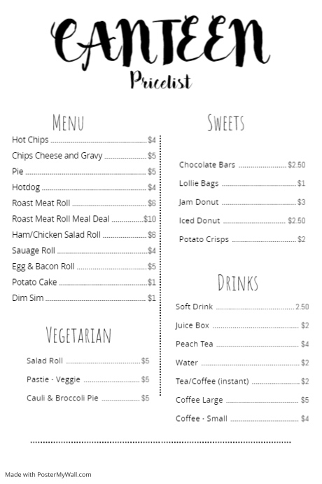Canteen Pricelist | PosterMyWall