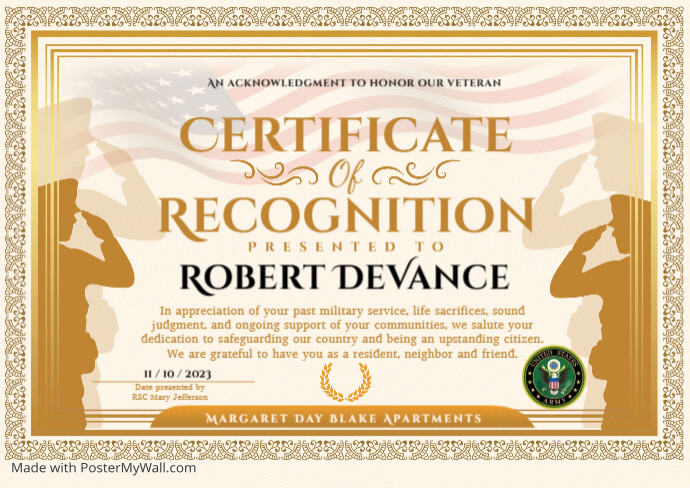 Copy of Veterans Recognition Certificate - Robert Devance | PosterMyWall