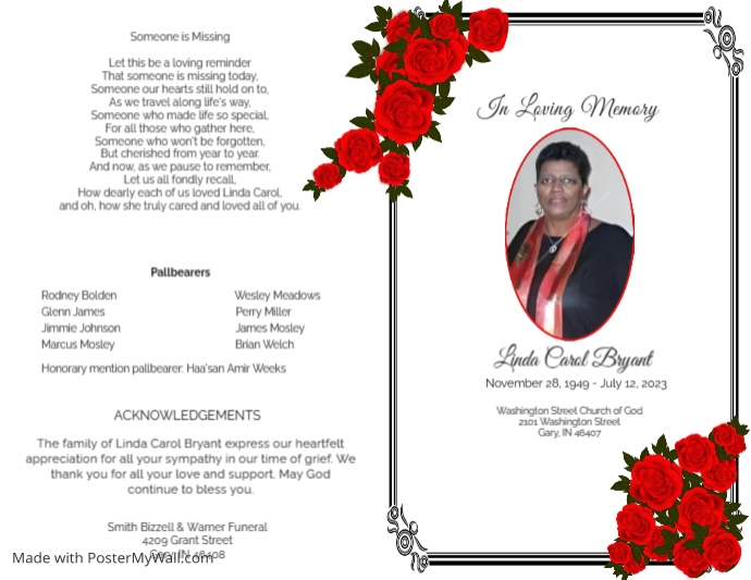 Letter Size Red Roses Obituary 1(side 1 of 2 | PosterMyWall