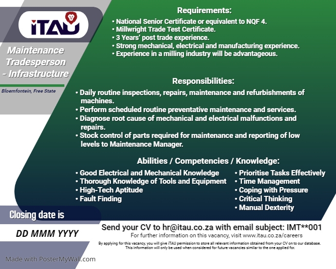 Copy of Maintenance Tradesperson - Infrastructure IMT | PosterMyWall