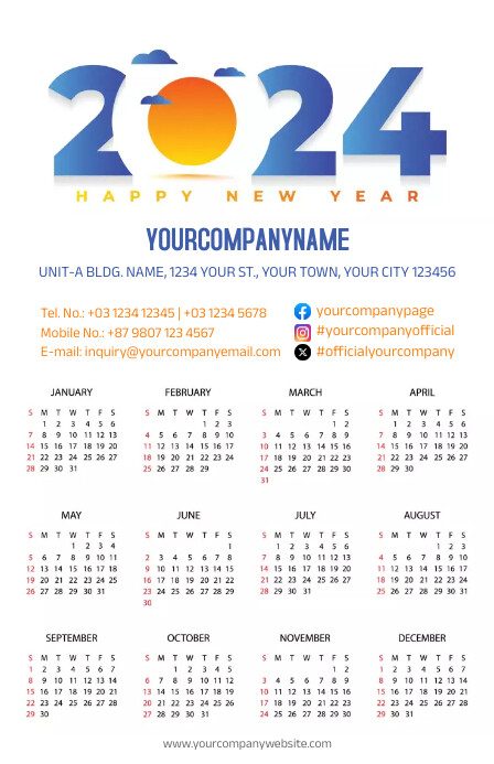 2024 New Year Calendar Clouds Sun Template | PosterMyWall