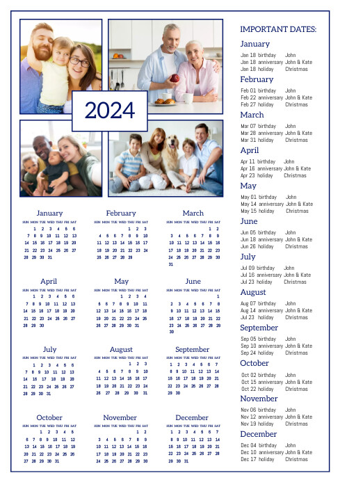 2024 Printable One Page Calendar Photos Template | PosterMyWall