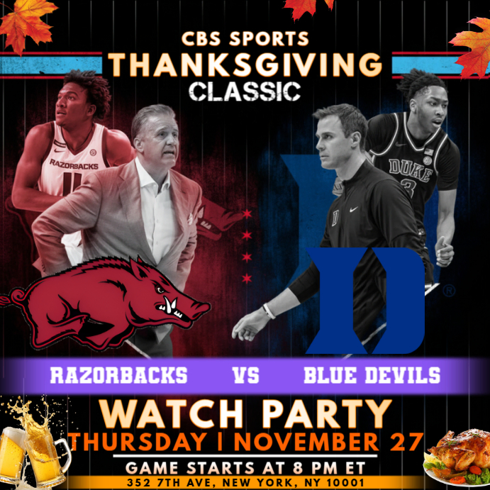 2025 CBS Sports Thanksgiving Classic 2025: Duke Blue Devils vs Arkansas Razorbacks Watch Party ...