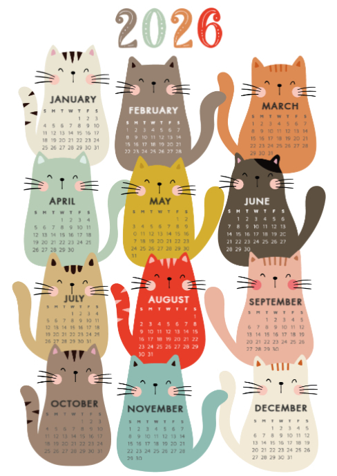 2026 Calendar Earth Tones Cats Template | PosterMyWall