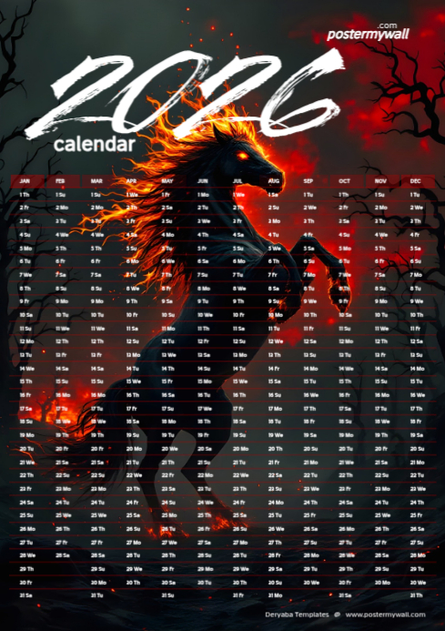 2026 Calendar Fire Horse Template | PosterMyWall
