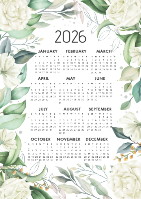 Copy of 2026 Calendar Watercolor Eucalyptus White Floral Design ...