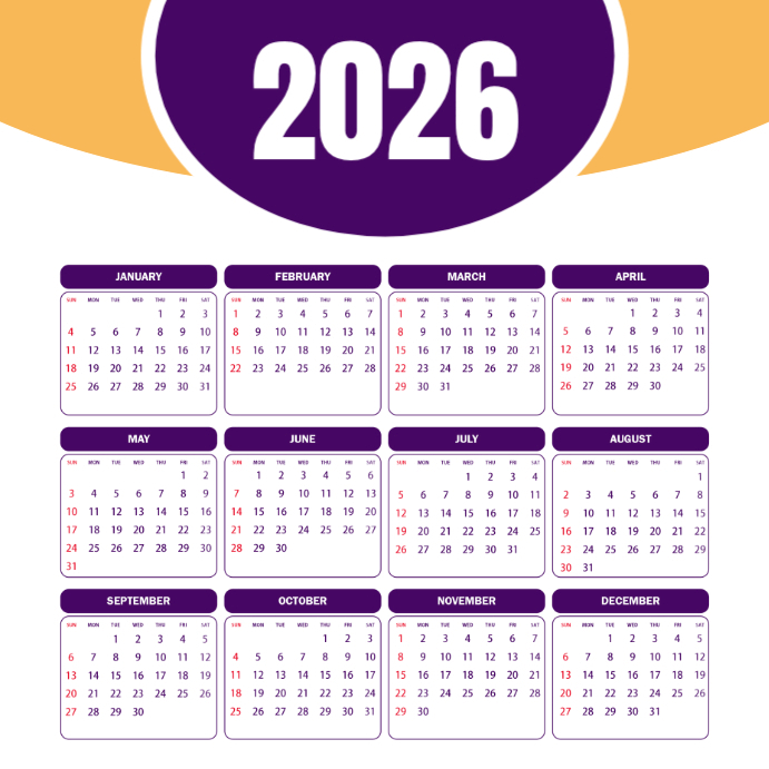 2026 Clean Layout Wall Calendar Bold Purple Minimal Design Printable ...
