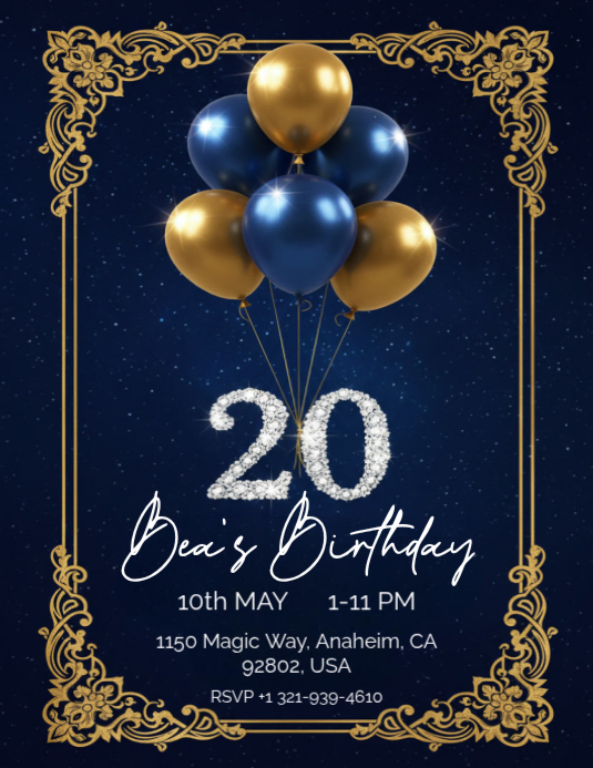 20th birthday invitation golden balloons and borders Template ...