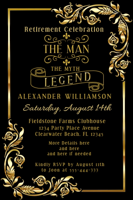 Retirement Party Black Gold Mans Invitation | PosterMyWall