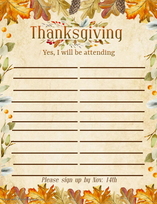 Thanksgiving Guest List Sign up List | PosterMyWall