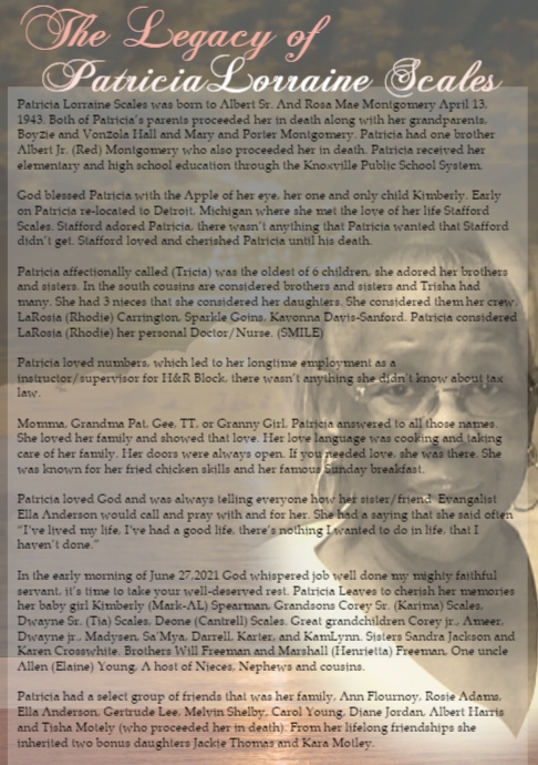 Patricia Lorraine Scales Obituary (PageTwo) Inside Right | PosterMyWall