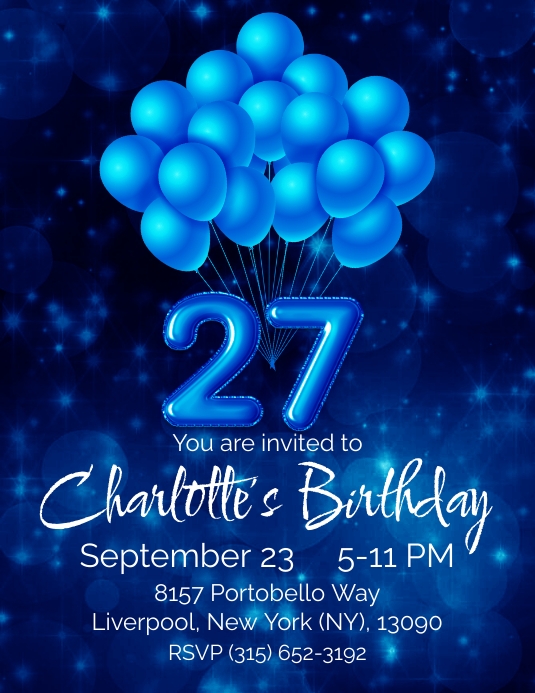 27th birthday party invitation blue balloon Template | PosterMyWall