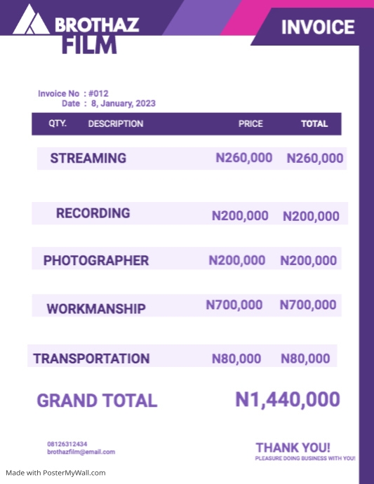 Purple Invoice Sample | PosterMyWall