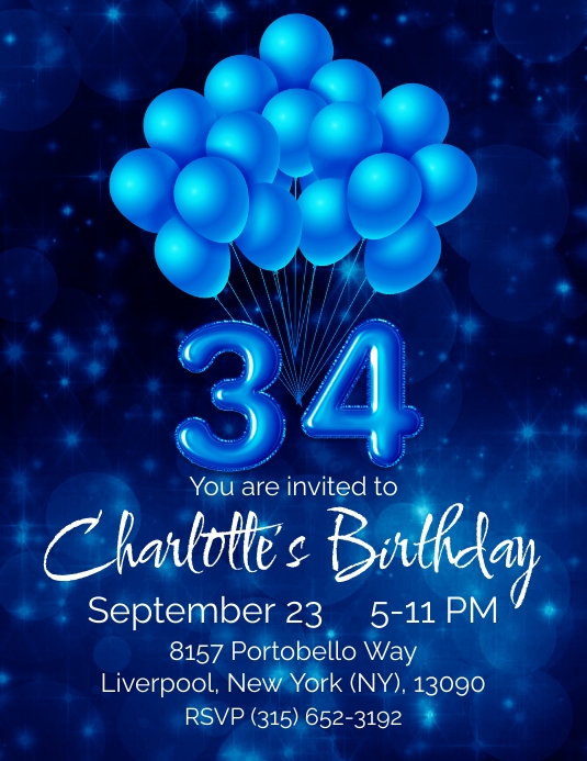 34th birthday party invitation blue balloon Template | PosterMyWall