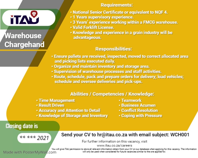 Warehouse Chargehand | PosterMyWall