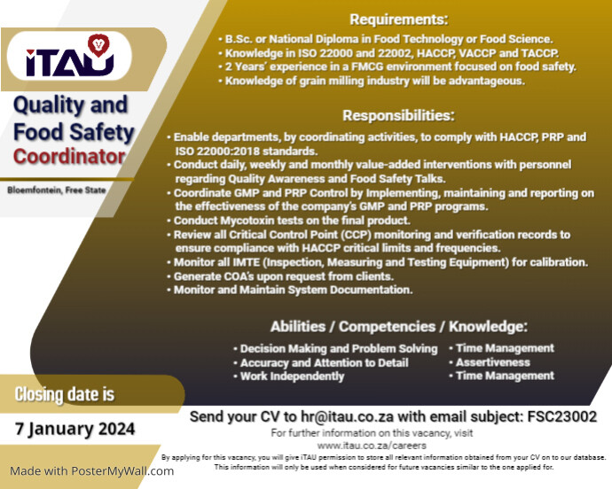 Quality and Food Safety Coordinator - FSC (1) | PosterMyWall