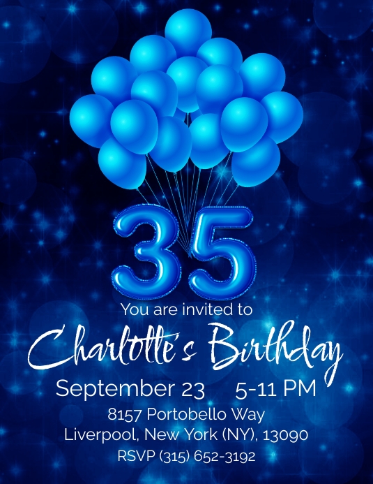 35th birthday party invitation blue balloon Template | PosterMyWall