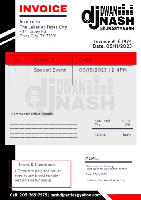 Nash The Lakes at Texas City Invoice | PosterMyWall