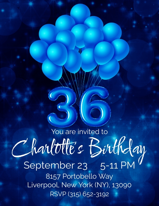 36th birthday party invitation blue balloon Template | PosterMyWall