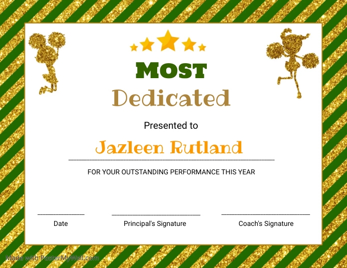 Green and gold cheerleading certificate (2) | PosterMyWall