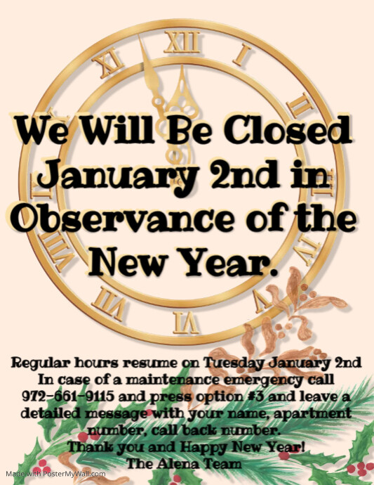 Closed Jan 2 | PosterMyWall