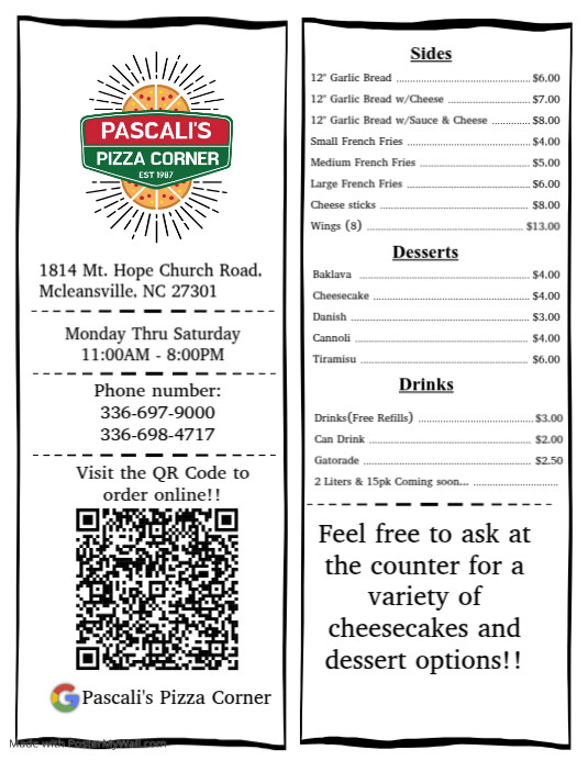 Pascali's Pizza Corner To-go Menu | PosterMyWall