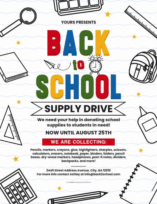 3D Back To School Supply Drive Donation Typography Charity Flyer | PosterMyWall
