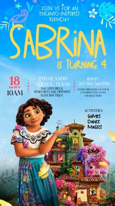 3D Colourful Maximalist Editable Encanto Kid’s Birthday Video Flyer ...