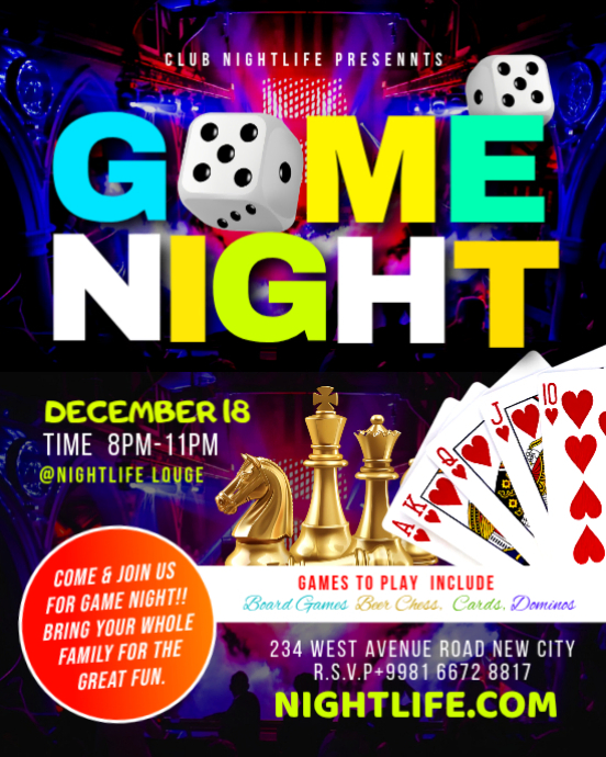 3d Game Night Out Play Board Card Games Family Evening Club Party Event ...