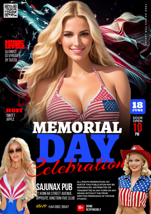Plantilla de 3D Maximalist Happy Memorial Day Night club Party Flyer A4 | PosterMyWall