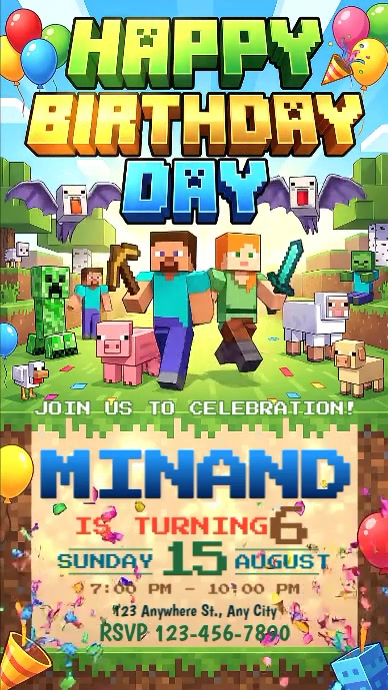 3d Minecraft Birthday Invitation Instagram Story Template | PosterMyWall